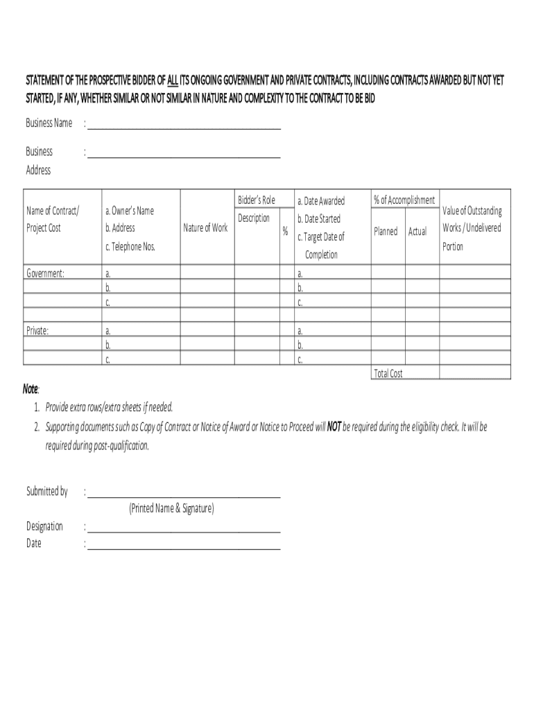 Fillable Online statement of the prospective bidder of all its ongoing ...