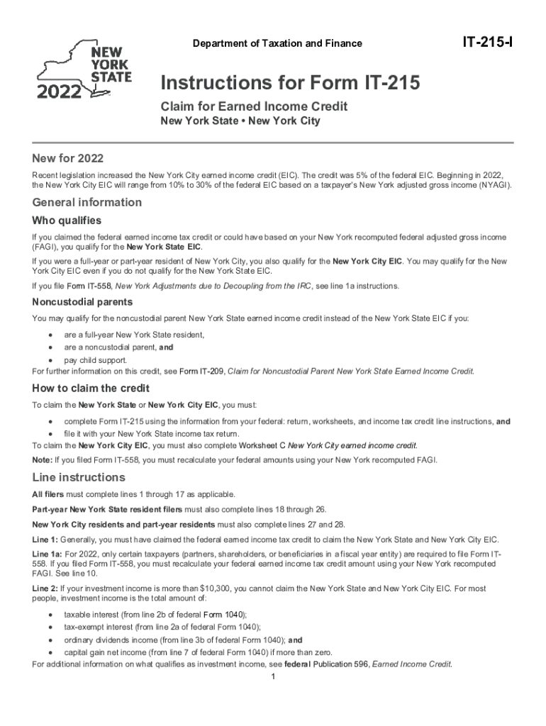 Fillable Online Instructions for Form IT-215 Claim for Earned Income ...