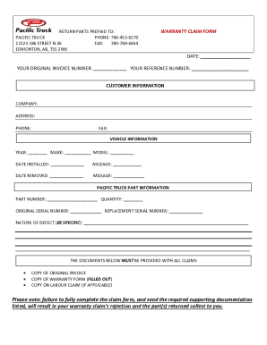 Fillable Online Warranty Claim Form - Pacific Truck Fax Email Print ...
