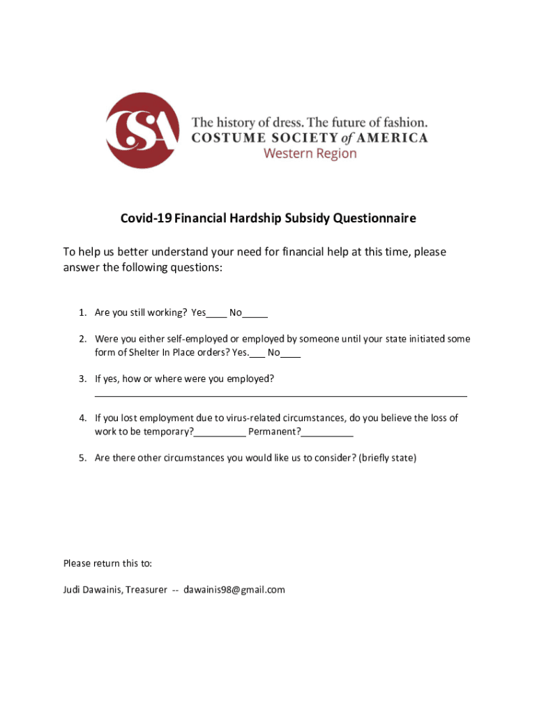 Fillable Online Covid-19 Financial Hardship Subsidy Questionnaire Fax ...