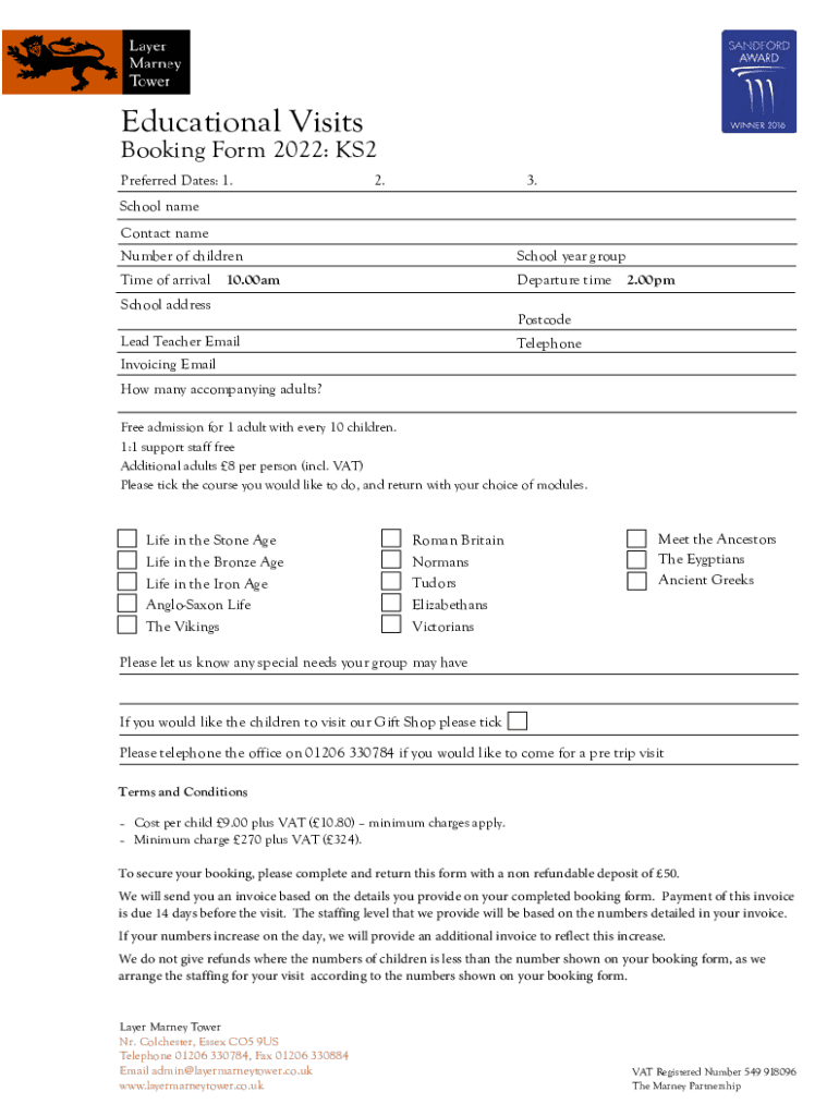 Fillable Online layermarneytower co Educational Visits - Booking Form ...