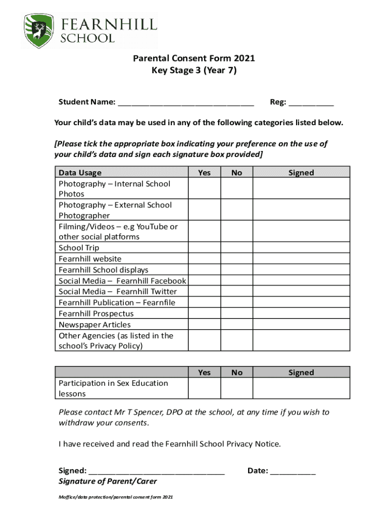 Fillable Online KS3 Yr 7 Parental Consent Form 21.doc Fax Email Print ...