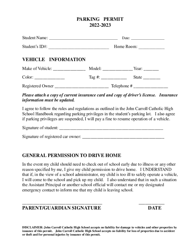 Fillable Online STUDENT PARKING PERMIT APPLICATION - Northwest High ...