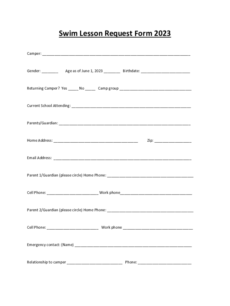 Fillable Online Swim Lesson Request Form 2023 Fax Email Print - pdfFiller