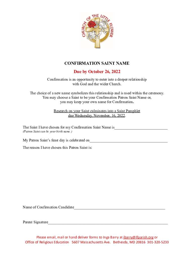 Fillable Online Choice of a Confirmation Name - Cathedral of Christ the King Fax Email Print ...