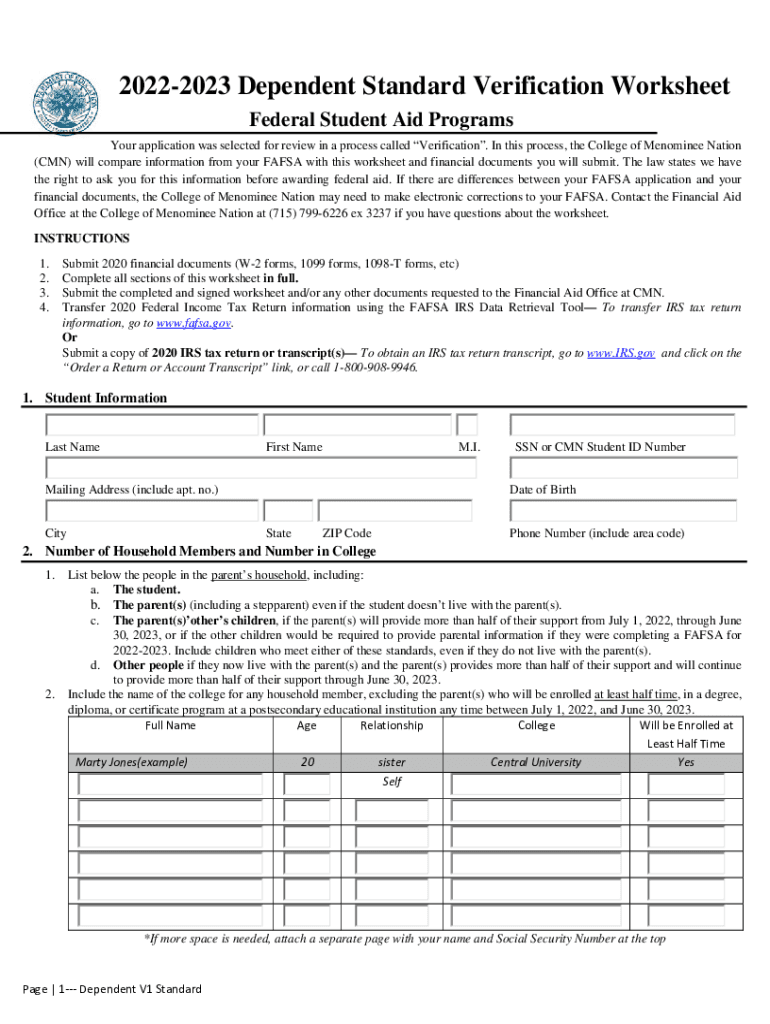 Fillable Online 2022-2023 V1 - Standard Verification Worksheet (Dependent Student) Fax Email ...