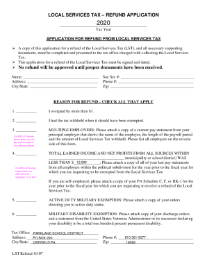 Fillable Online LOCAL SERVICES TAX REFUND APPLICATION No refund ... Fax ...