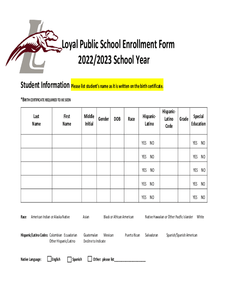 Fillable Online Loyal Public School Enrollment Form 2022/2023 School Year Fax Email Print ...