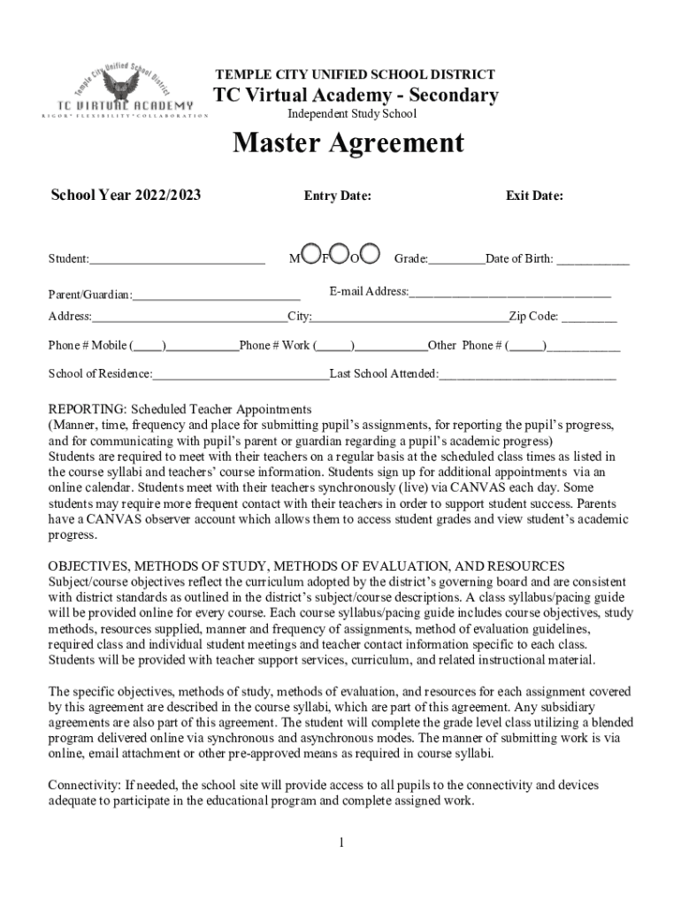 Fillable Online Fillable DRAFT elementary Master Agreement TC VA 2021 ...