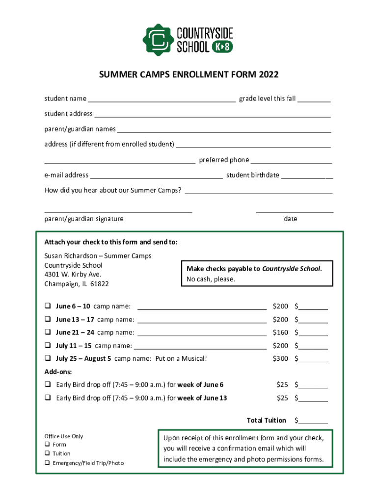 Fillable Online SUMMER CAMPS ENROLLMENT FORM 2022 Fax Email Print - pdfFiller