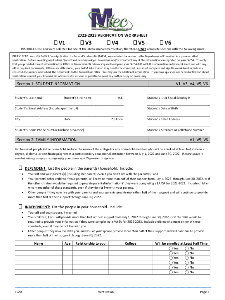 Fillable Online 20222023 VERIFICATION WORKSHEET V5 - Webflow Fax Email Print - pdfFiller
