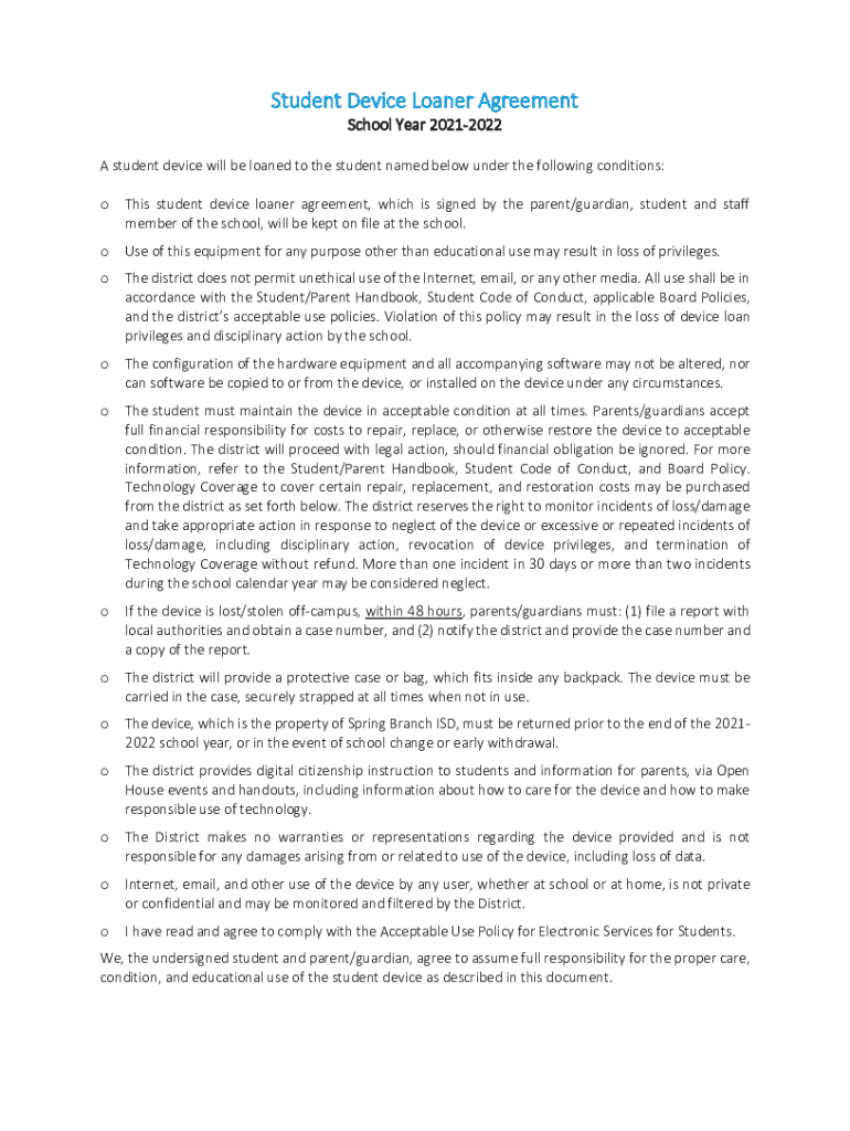 Fillable Online STUDENT DEVICE LOAN AGREEMENT - Houston ISD Fax Email ...