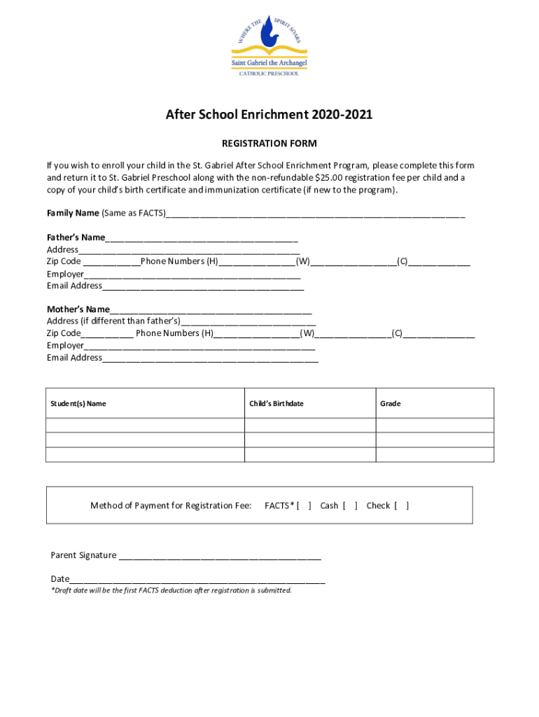 Fillable Online After School Registration Form - GABRIEL'S ART KIDS Fax ...
