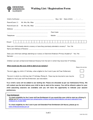 Fillable Online Desmond Anderson School Nursery Registration Form Fax ...