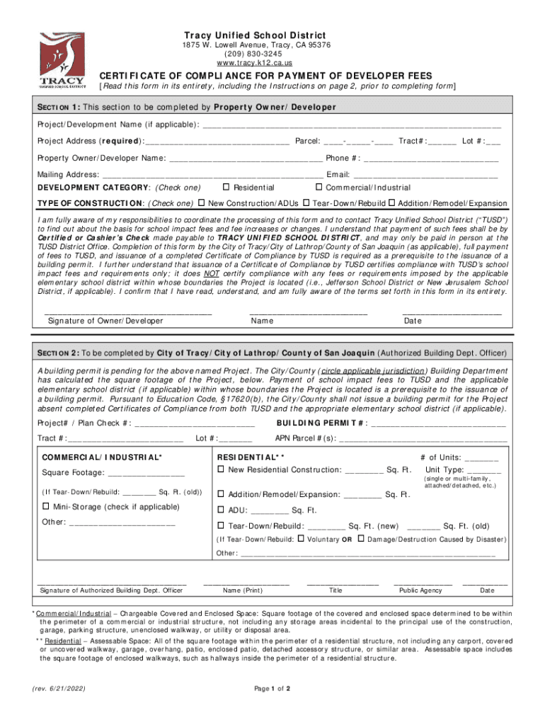 Fillable Online Tracy Unified School District CERTIFICATE OF COMPLIANCE ... Fax Email Print ...