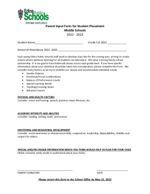 Fillable Online Parent Input Form for Student Placement Middle Schools ...