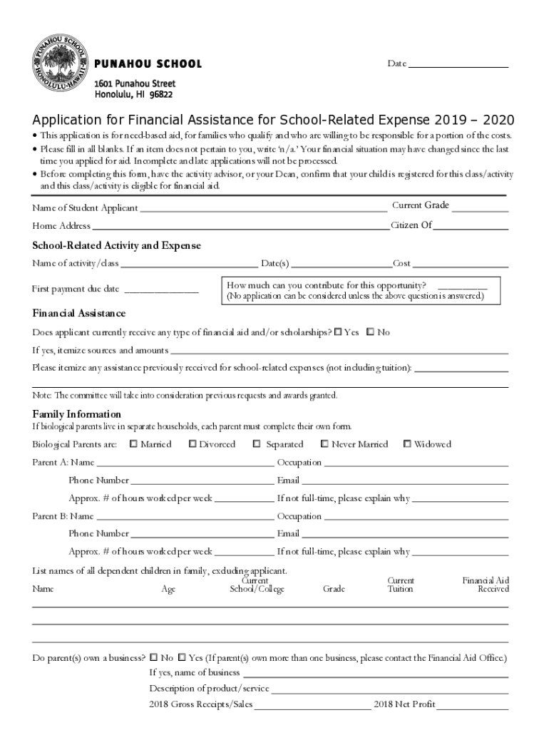 Fillable Online Application for Financial Assistance for School-Related ...