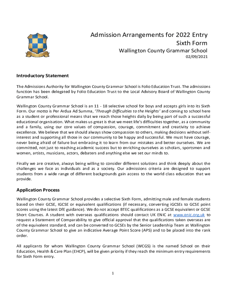 Fillable Online Admission Arrangements for 2022 Entry Sixth Form Fax Email Print - pdfFiller