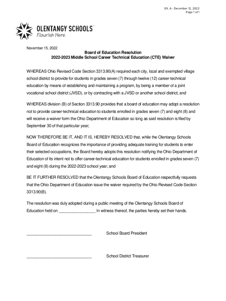 Fillable Online Board resolution required for middle school career tech ...