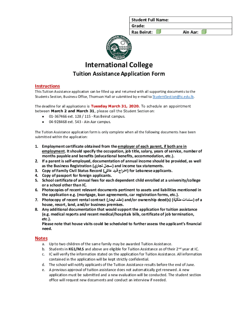 Fillable Online International College - Tuition Assistance Application ...
