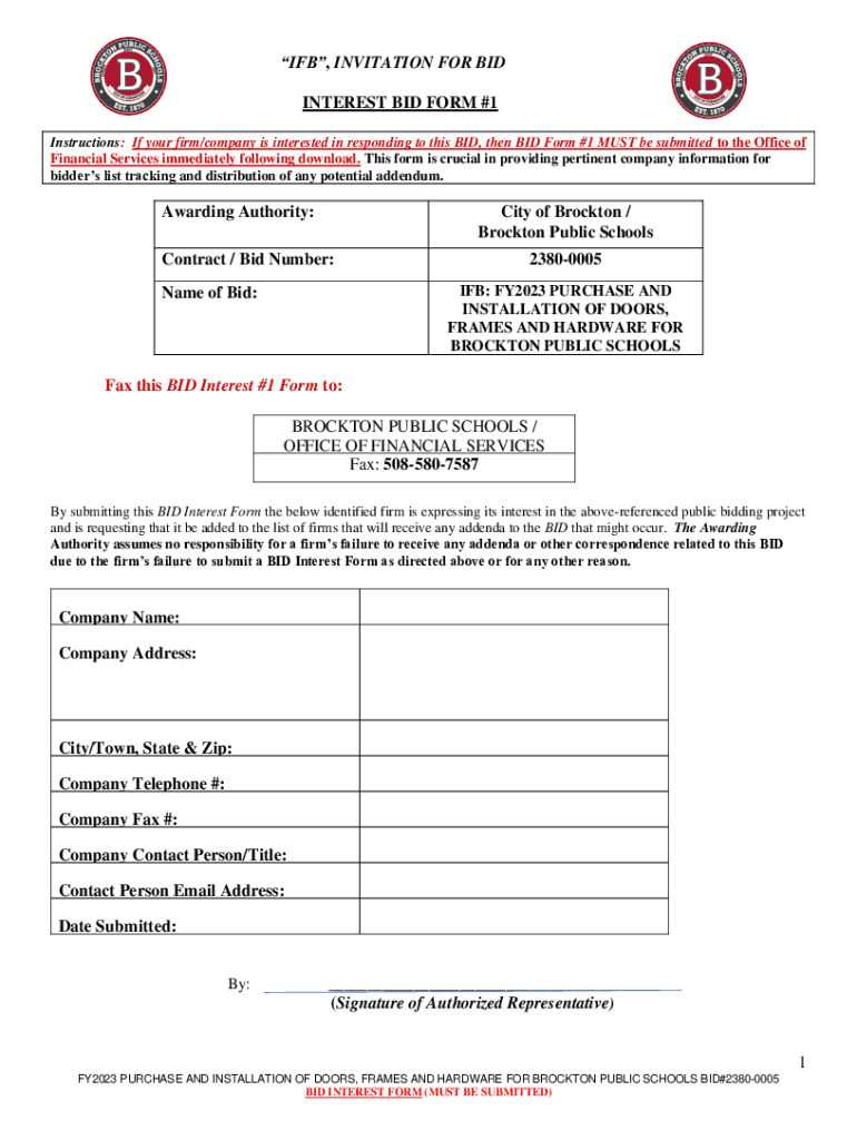 Fillable Online ifb, invitation for bid interest bid form #1 Fax Email Print - pdfFiller
