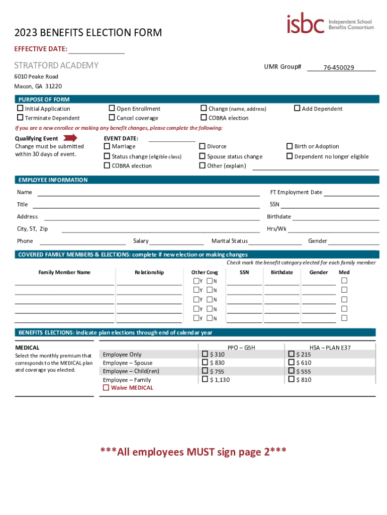 Fillable Online 2023 benefits election form - stratford academy Fax ...