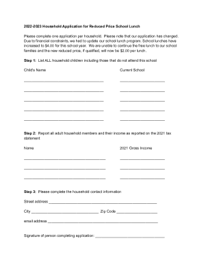Fillable Online 2022-2023 Household Application for Reduced Price ...