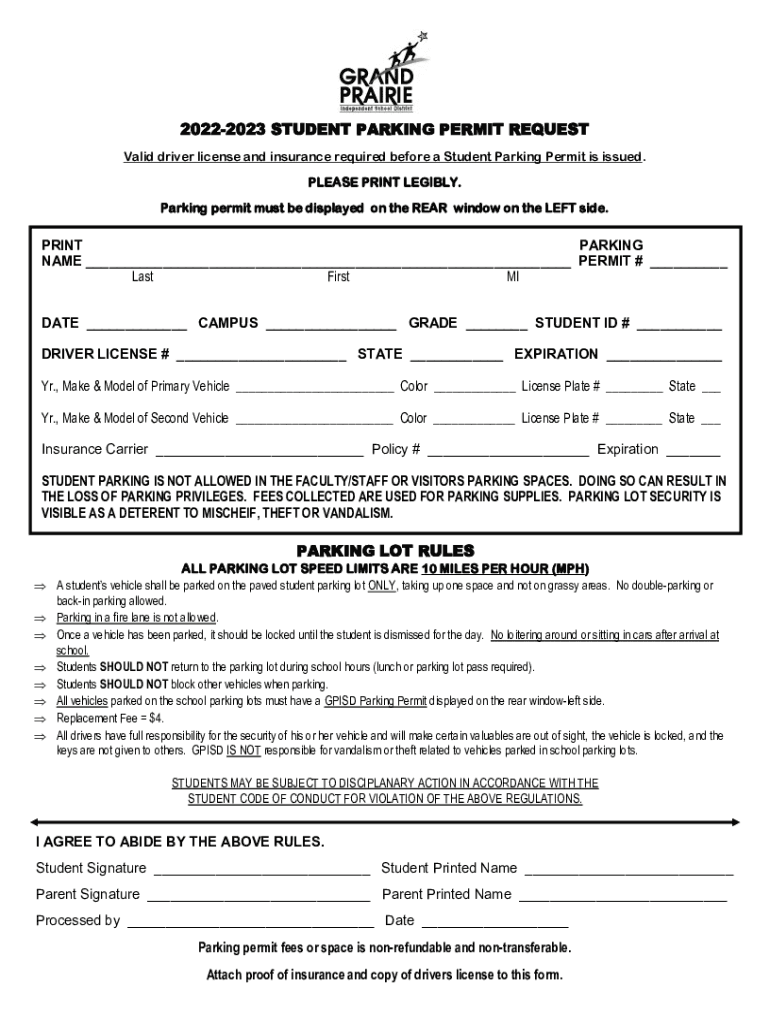 Fillable Online 2022-2023 STUDENT PARKING PERMIT REQUEST PARKING LOT ... Fax Email Print - pdfFiller