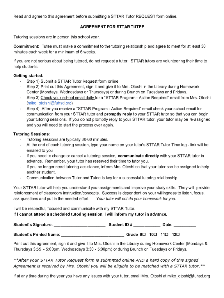 Fillable Online Read and agree to this agreement before submitting a STTAR Tutor REQUEST form ...