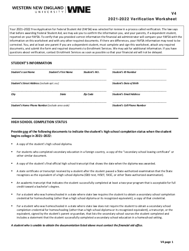 Fillable Online www1 wne V4 2021-2022 Verification Worksheet STUDENT'S ... Fax Email Print ...