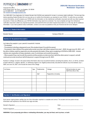 Fillable Online bschool pepperdine 2020-2021 Standard Verification Worksheet Independent Student ...