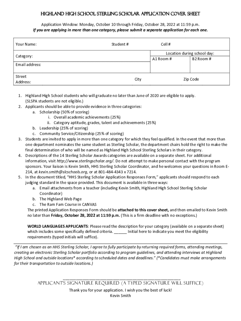 Fillable Online highland high school sterling scholar application cover ...