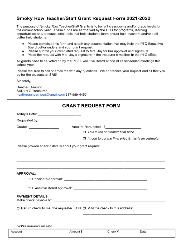 Fillable Online Smoky Row Teacher/Staff Grant Request Form 2021-2022 Fax Email Print - pdfFiller