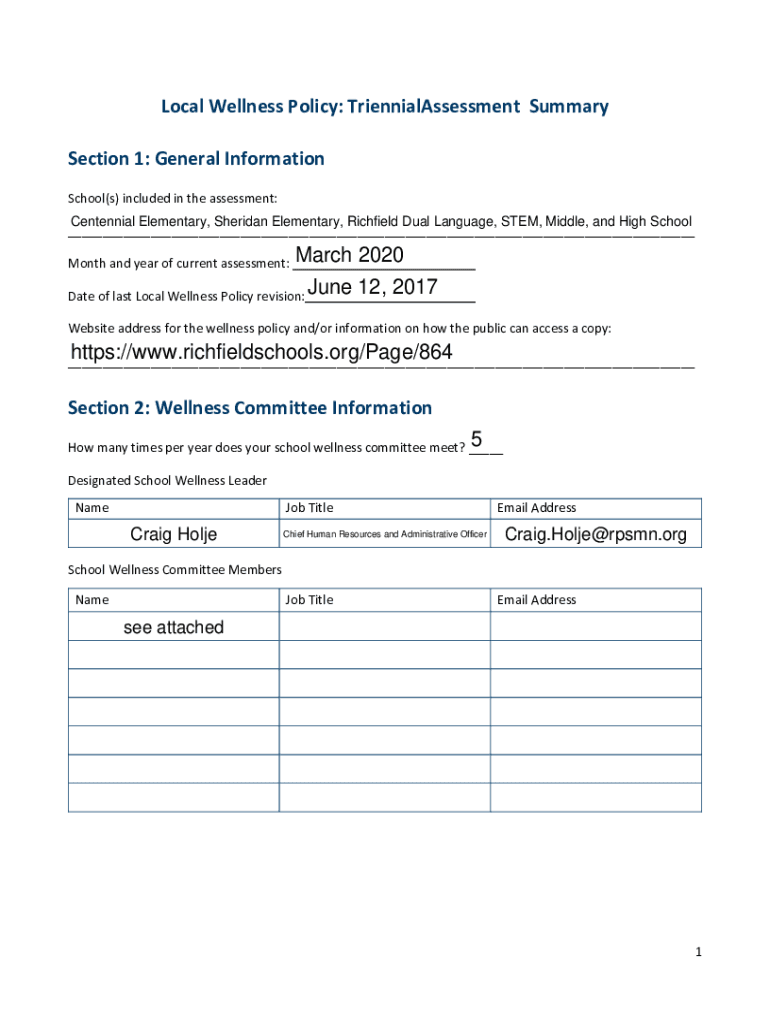 Fillable Online Local Wellness Policy: Triennial Assessment Template ...