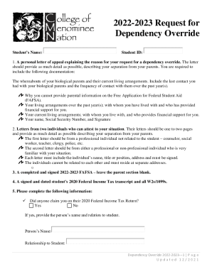 Fillable Online 2022-2023 Request for Dependency Override Information Fax Email Print - pdfFiller