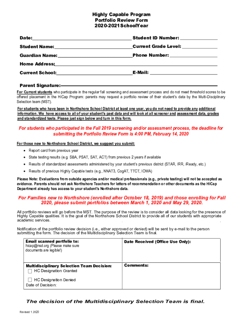 Fillable Online Highly Capable Program Portfolio Review Form 2020-2021 ... Fax Email Print ...