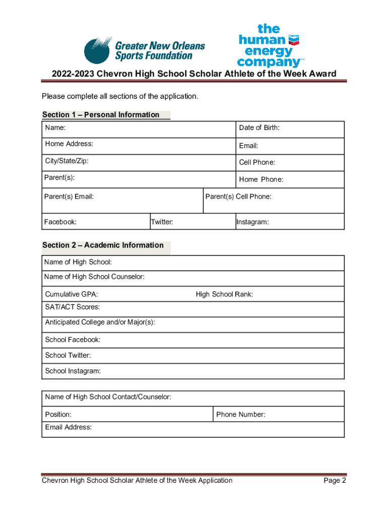 Fillable Online Chevron High School Scholar Athlete of the Week Award ...