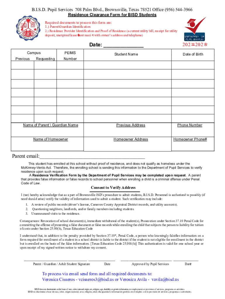 Fillable Online Residence Clearance Form for BISD Students Fax Email Print - pdfFiller