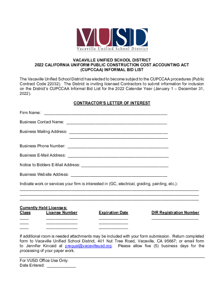 Fillable Online INFORMAL BID PROCESS California Uniform Public ...