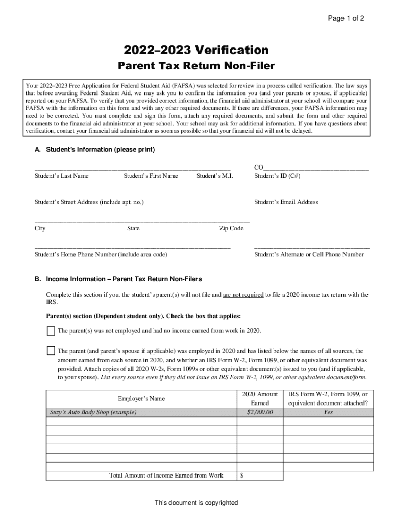 Fillable Online 20222023 Verification - Parent Tax Return Non-Filer Fax ...