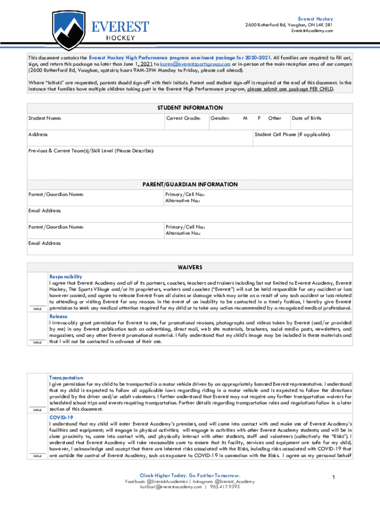 Fillable Online Everest Academy - Hockey Club in Vaughan, ON - Travel Sports Fax Email Print ...