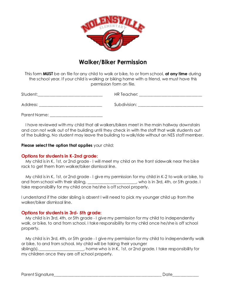 Fillable Online Mill Creek Elementary Walker and Biker Permission Form ...