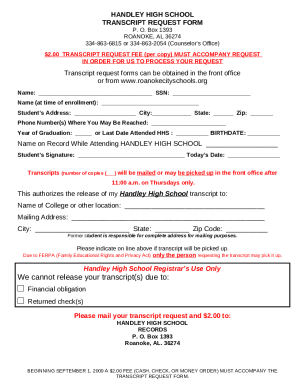 Handley High School Transcript RequestRoanoke, AL Doc Template | pdfFiller