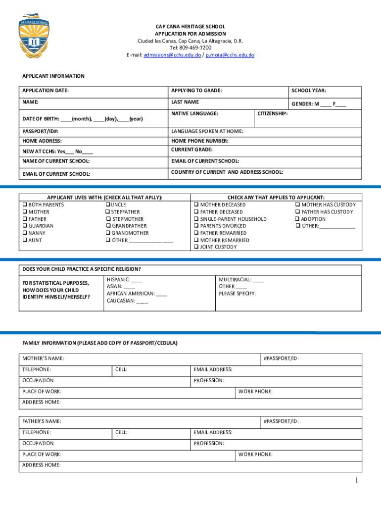 Fillable Online New Student Admission Packet - Cap Cana Heritage School ...