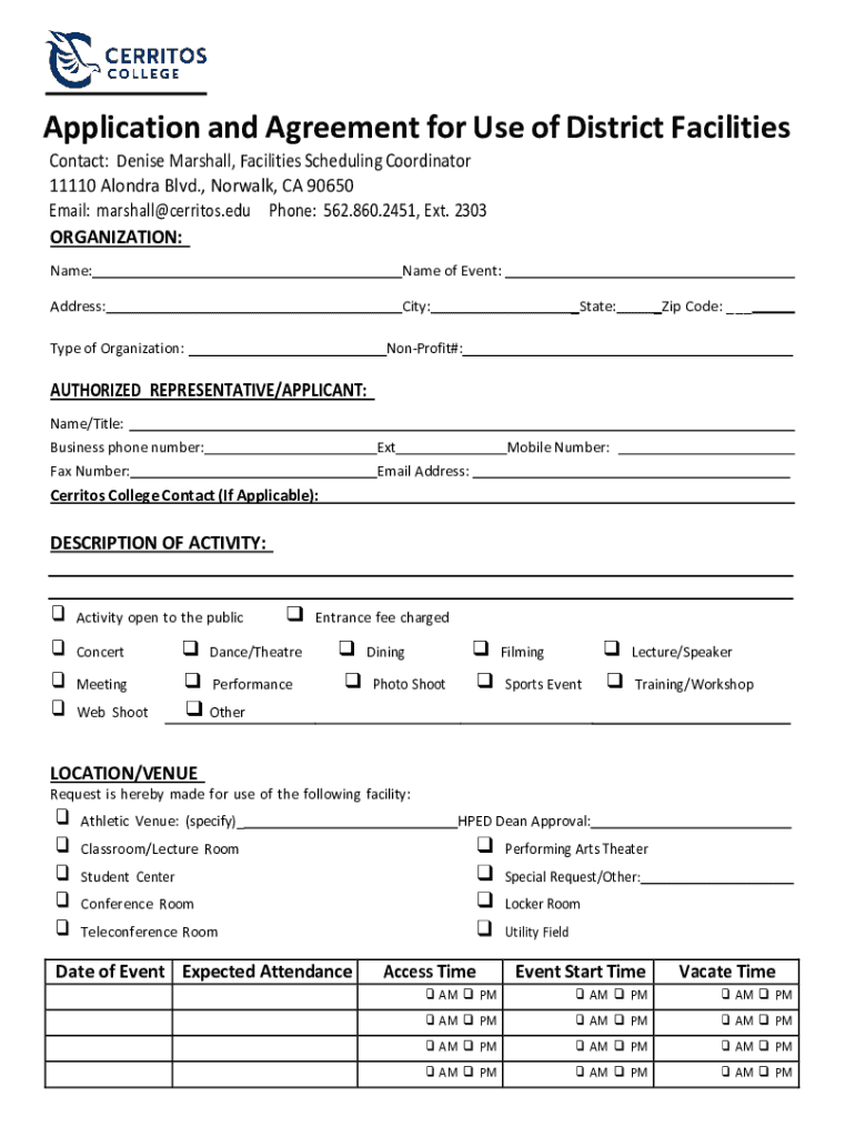 Fillable Online Application and agreement for use of district ...