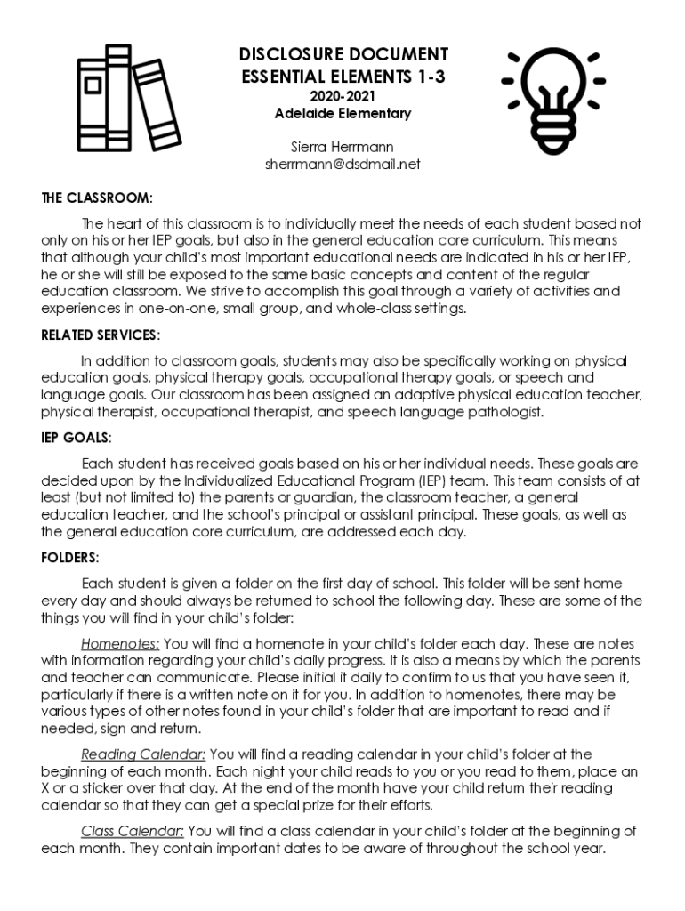 Fillable Online DISCLOSURE DOCUMENT ESSENTIAL ELEMENTS 1-3 Fax Email Print - pdfFiller