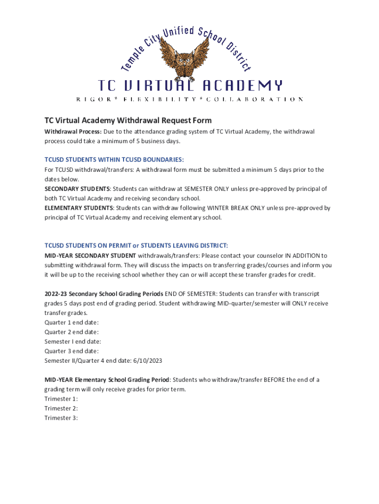 Fillable Online TC Virtual Academy Withdrawal Request Form Fax Email ...