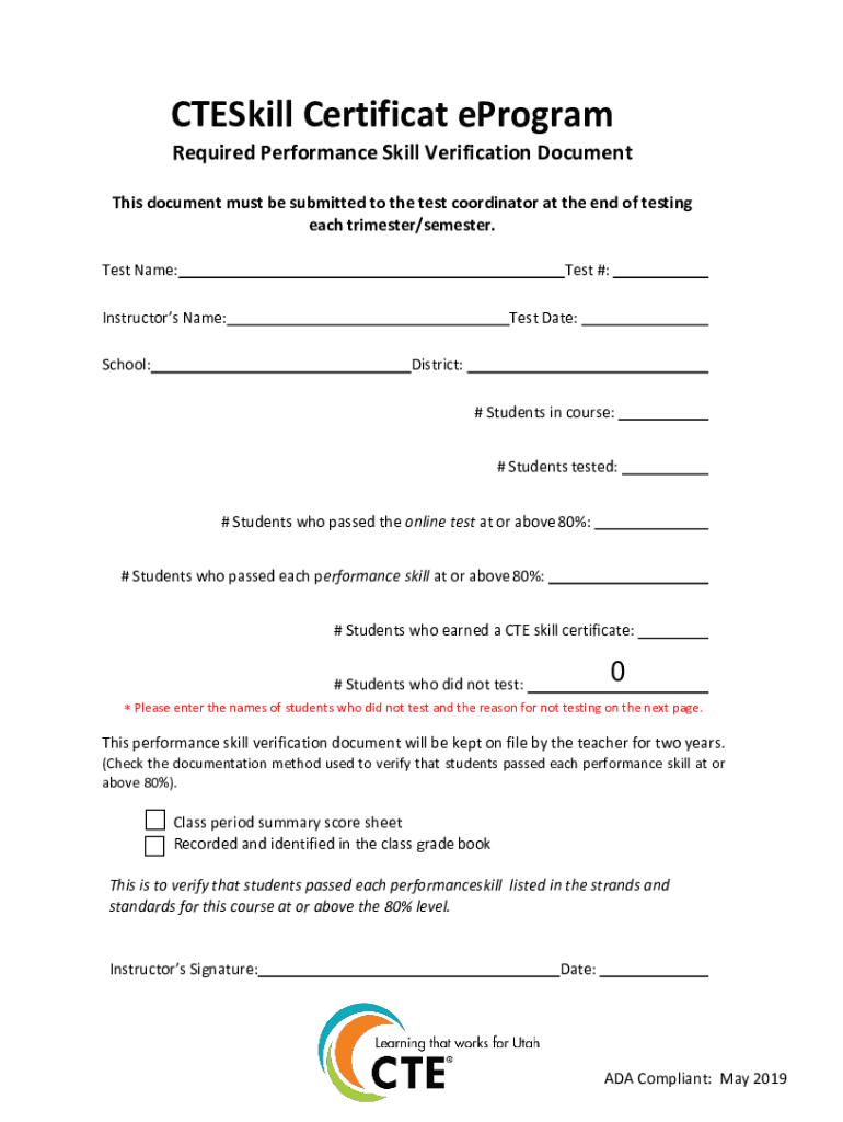 Fillable Online Utah CTE Skill Certificate Test Coordinator Agreement ...