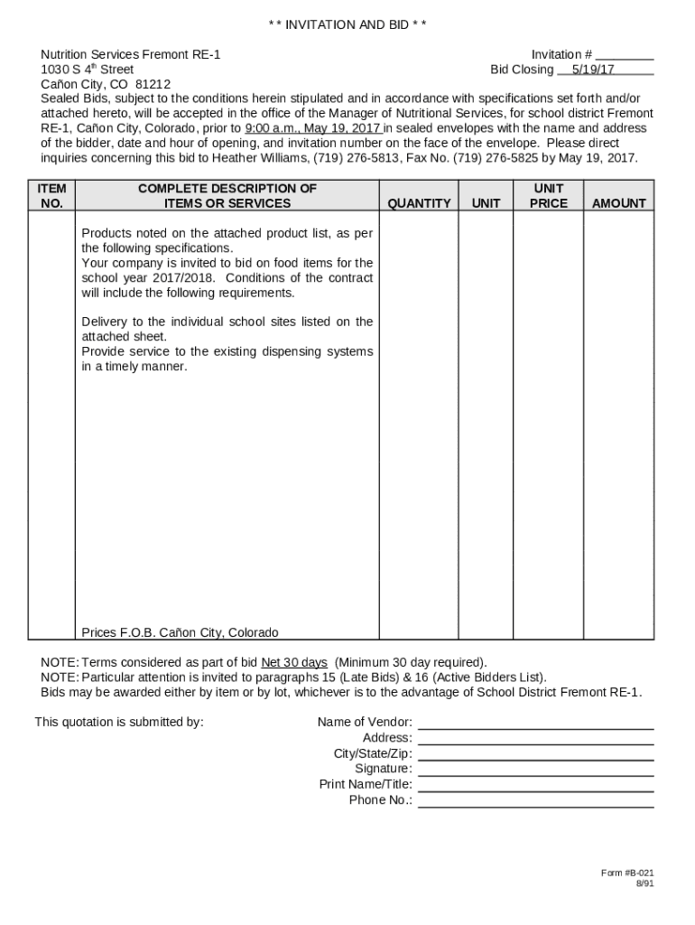 Invitation for Bid Vended Meal Contract for CACFP and SFSP Doc Template ...