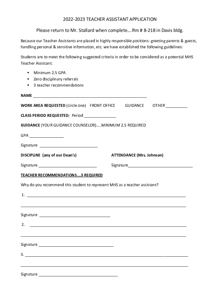 Fillable Online Teacher & Teacher Assistant Application Form Fax Email ...